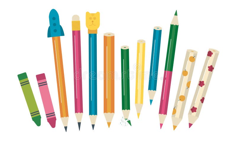 Set of Different Realistic Colored Pencils, Crayons with Eraser and ...