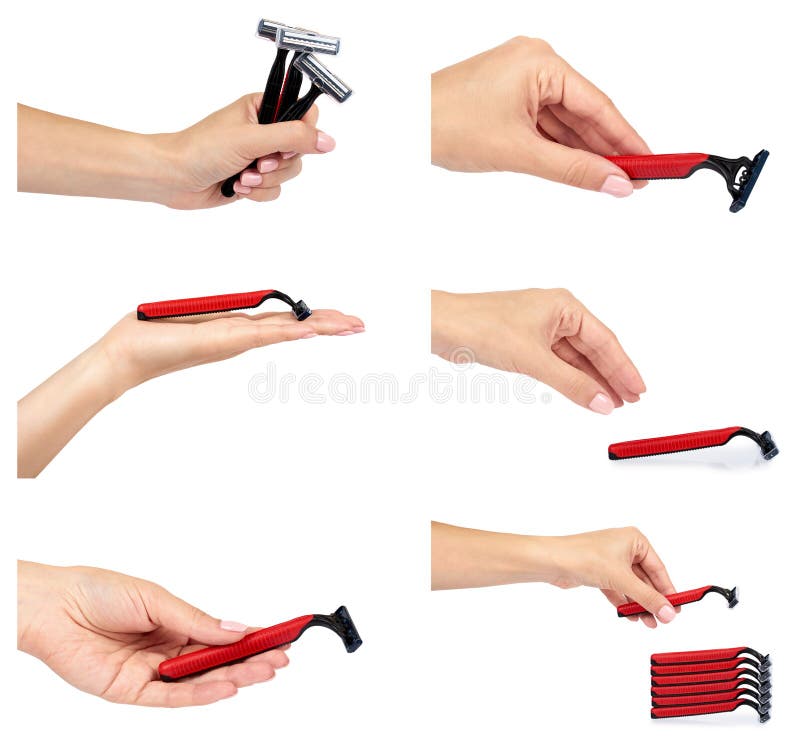Set of Different Red Disposable Shaving Razor with Hand Isolated on ...