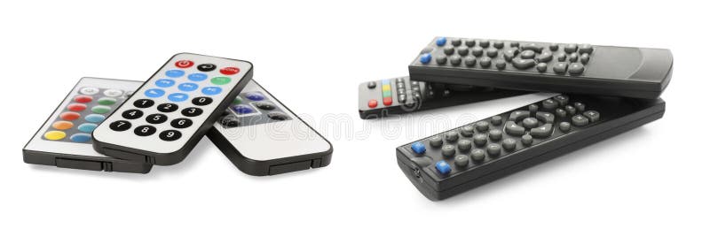 Set of Different Remote Controllers on White Background Stock Image ...