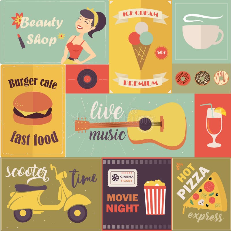 Set of Different Retro Images Stock Illustration - Illustration of ...