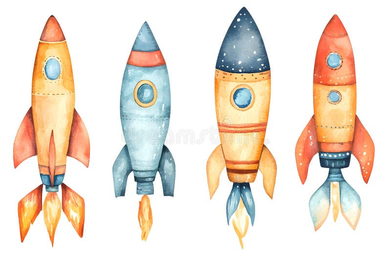 Set of Different Rockets in Watercolor Technique. Perfect for Children ...