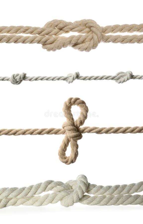 Set of Different Ropes with Knots on White Background, Closeup Stock ... Set of Different Ropes with Knots on White Background, Closeup Stock ...