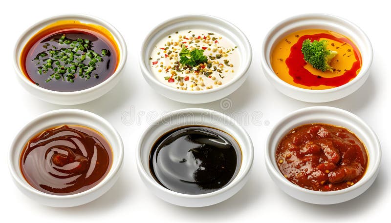 Set of Different Sauces in Bowls Isolated on White, Top and Side Views ...