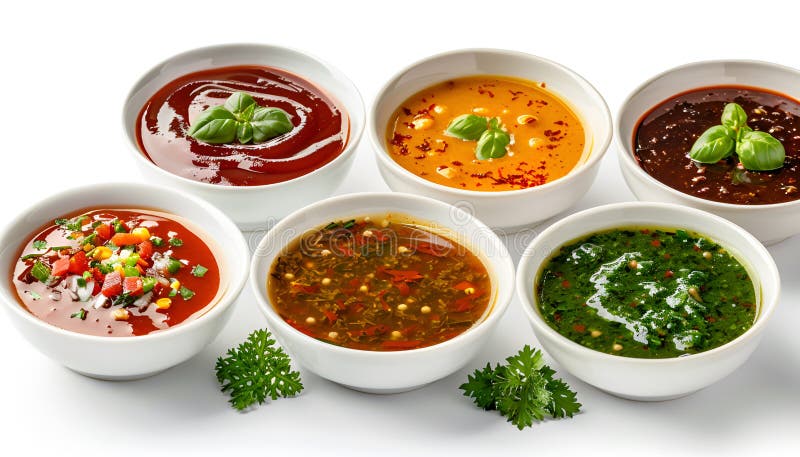 Set of Different Sauces in Bowls Isolated on White, Top and Side Views ...