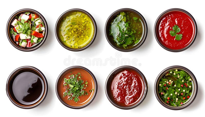 Set of Different Sauces in Bowls Isolated on White, Top and Side Views ...