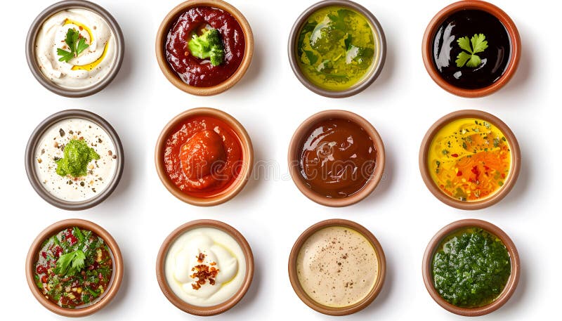 Set of Different Sauces in Bowls Isolated on White, Top and Side Views ...