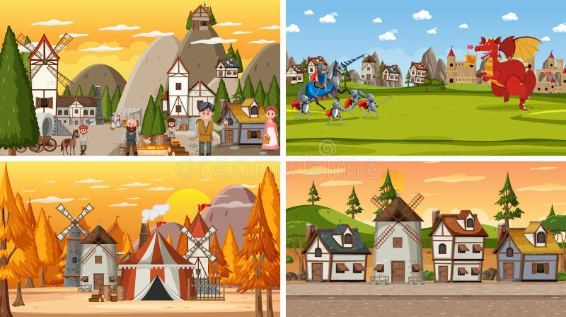 Set of Different Scene Medieval Stock Vector - Illustration of building ...