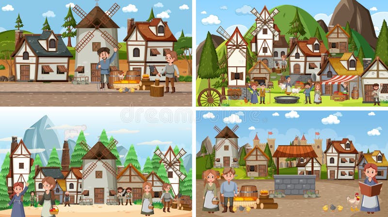 Set of Different Scene Medieval Stock Vector - Illustration of ...