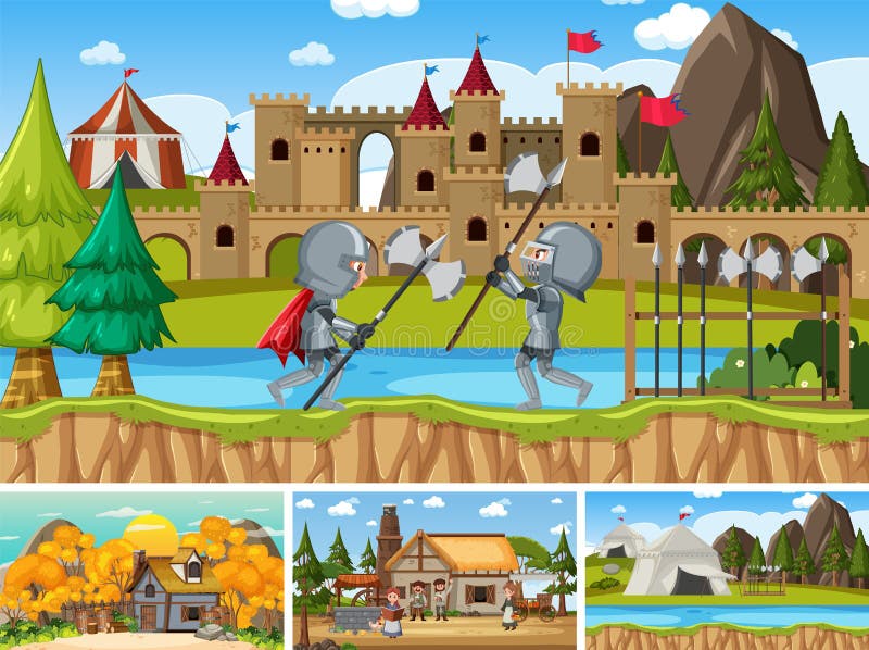 Set of Different Scene Medieval Stock Vector - Illustration of fort ...