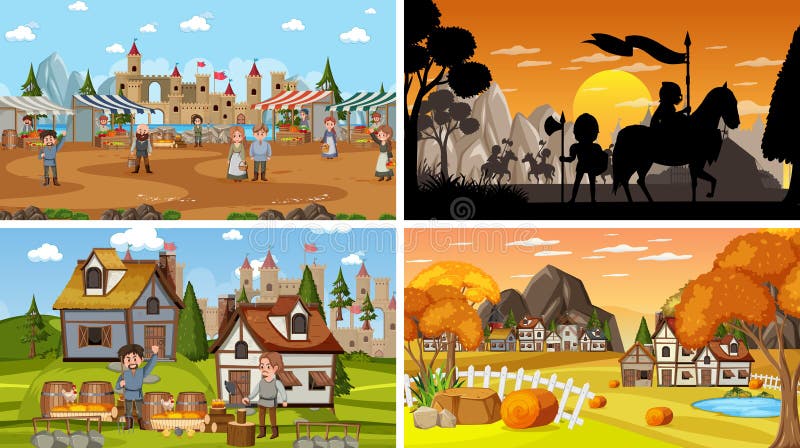 Set of Different Scene Medieval with Silhouette Stock Vector ...