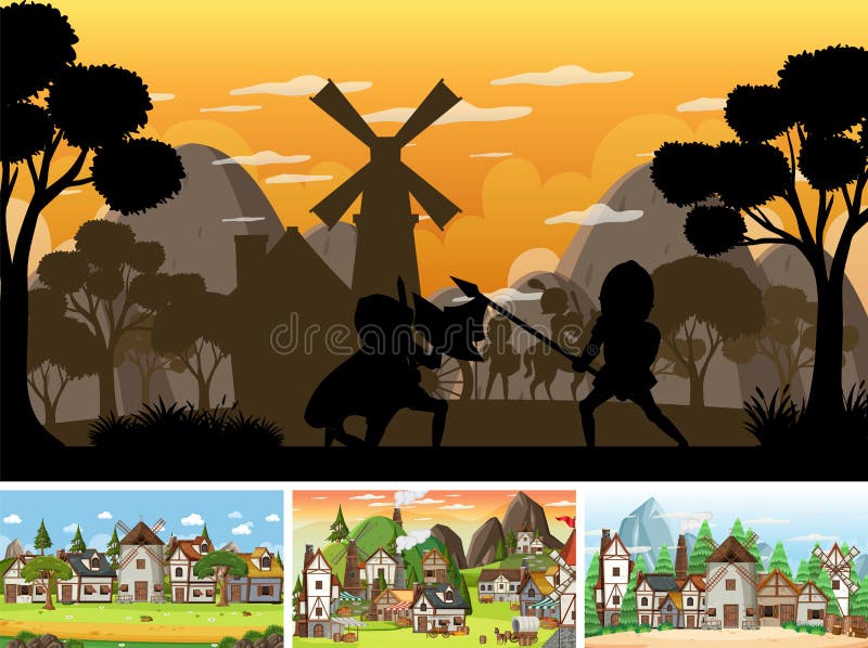 Set of Different Scene Medieval with Silhouette Stock Vector ...