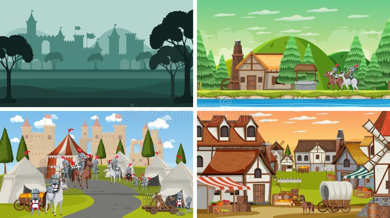 Set of Different Scene Medieval with Silhouette Stock Vector ...