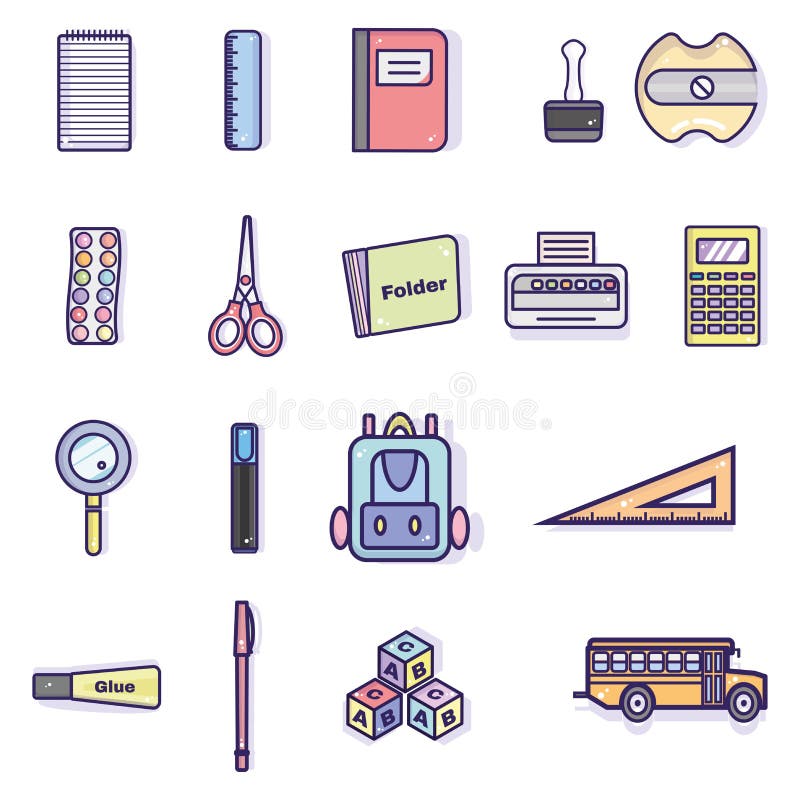 Set of Different School Supplies Icons Stock Vector - Illustration of ...