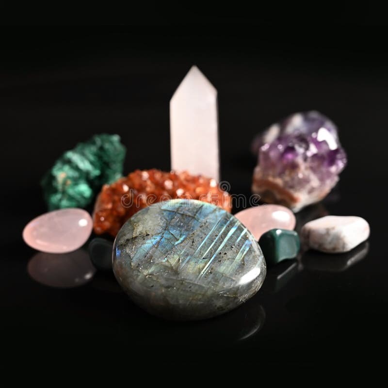 Set of Different Semi-precious Stones on a Black Background Stock Photo ...