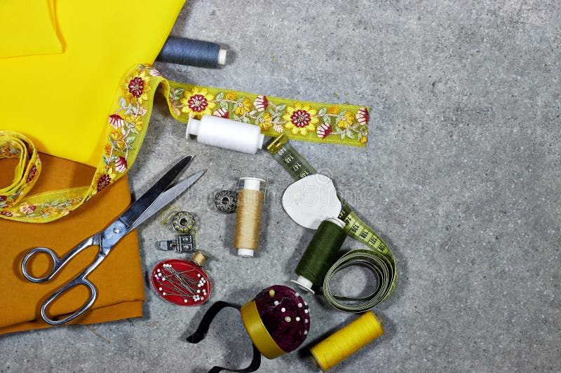 Set of Different Sewing Items with Fabric. Stock Image - Image of ...