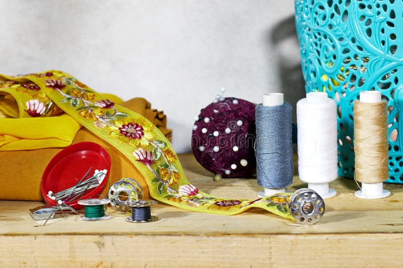 Set of Different Sewing Items with Fabric. Stock Image - Image of ...