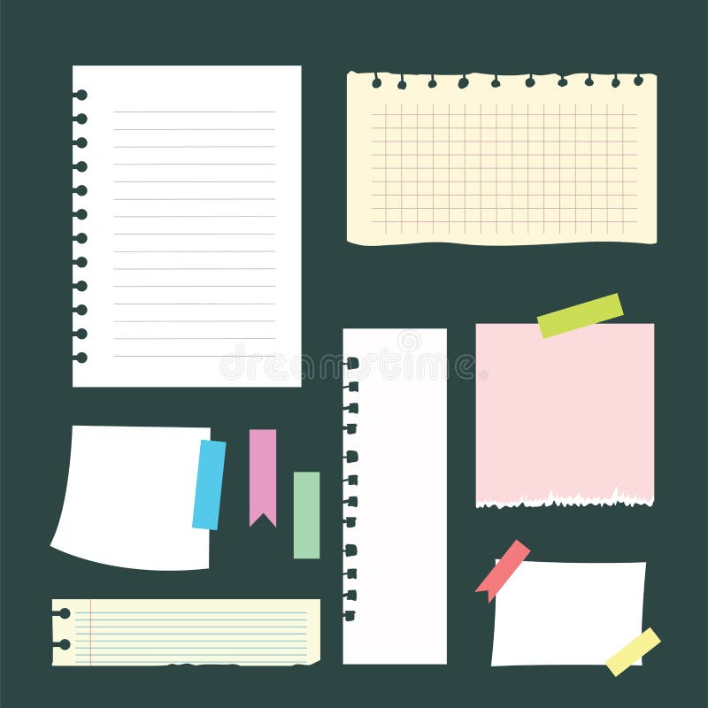 Set of Different Sheets of Note Papers and Color Paper on Green ...