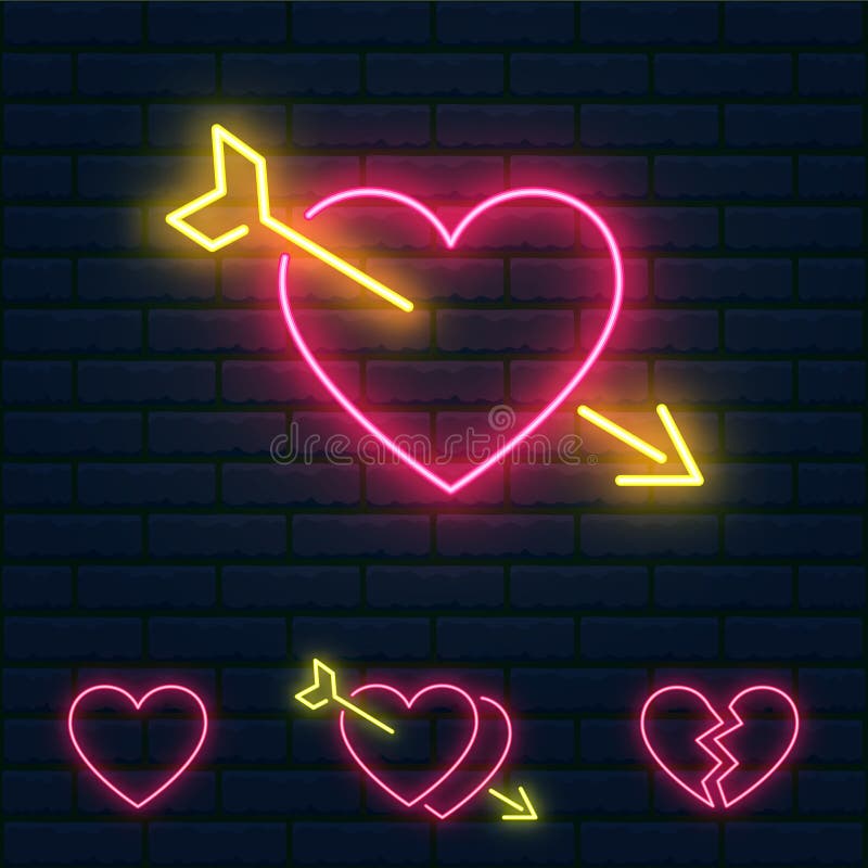Set of Different Shining Neon Hearts with Flash on a Brickwall ...