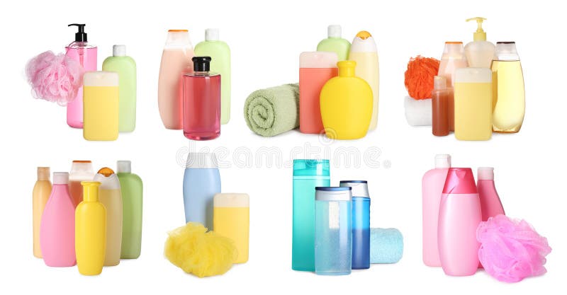 Set with Different Shower Gels on White Background Stock Image - Image ...