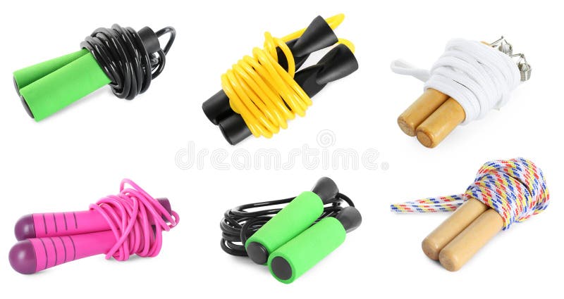 Set with Different Skipping Ropes on White Background. Banner Design ...