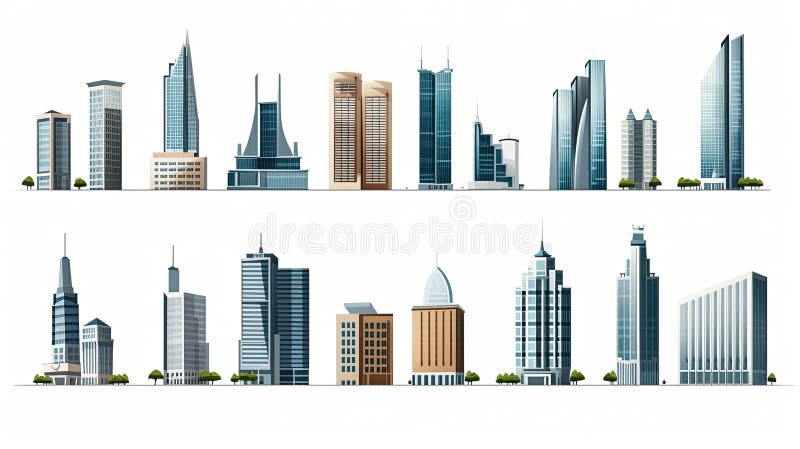 Set of Different Skyscraper Buildings Isolated on White Stock ...