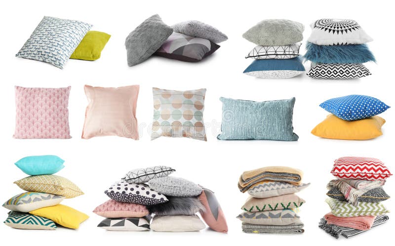 Set with Different Soft Pillows on White Background Stock Image - Image ...