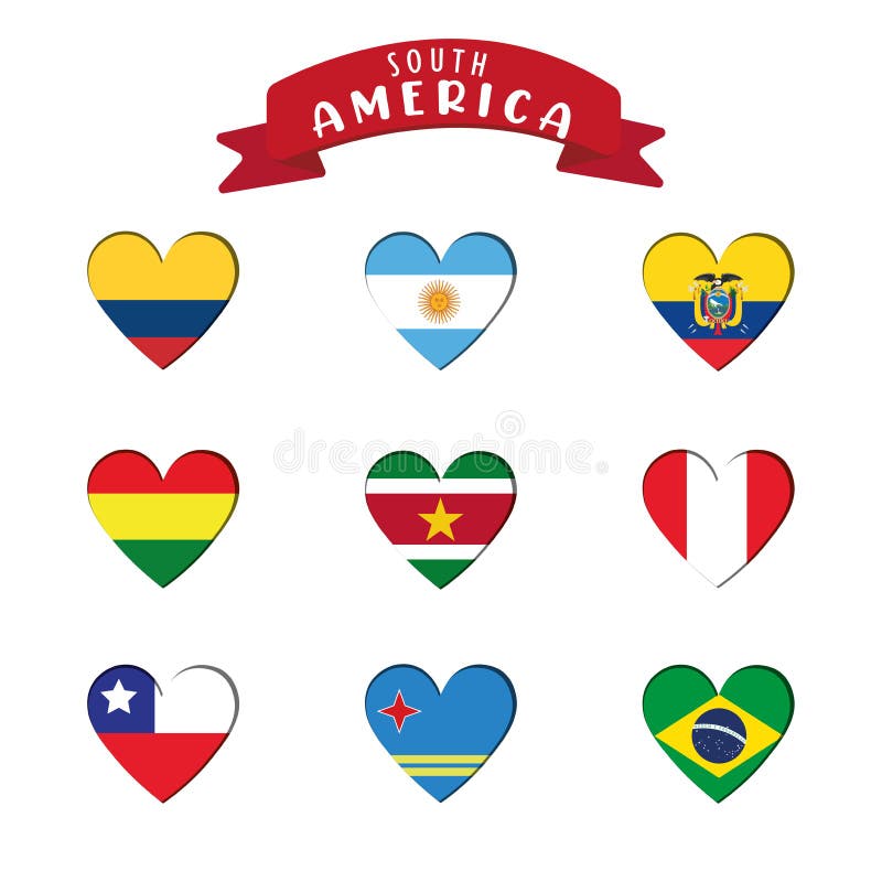 Set of Different South America Flags on Heart Shapes Vector Stock ...