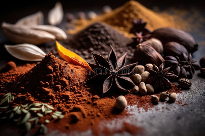A Set of Different Spices Close-up on a Dark Table. AI Generation Stock ... A Set of Different Spices Close-up on a Dark Table. AI Generation Stock ...