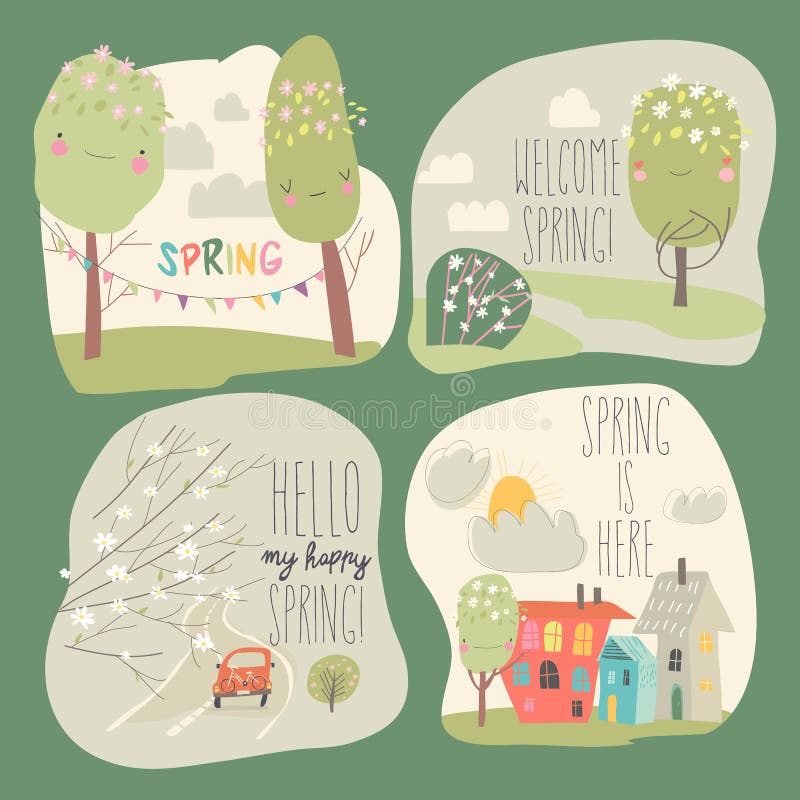 Set of Different Spring Landscape with Funny Cartoon Trees Stock Vector ...