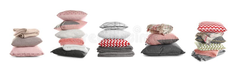 Set of Different Stacked Pillows on Background. Banner Design Stock ...
