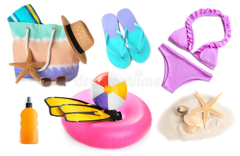 Set of Different Stylish Beach Objects on Background Stock Photo ...