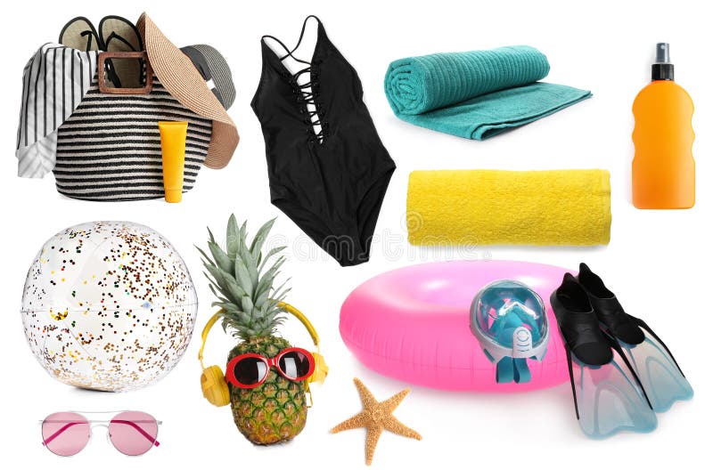 Set of Different Stylish Beach Objects on Background Stock Photo ...