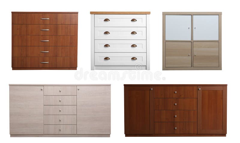 Set of Different Stylish Commodes on White. Furniture for Wardrobe ...