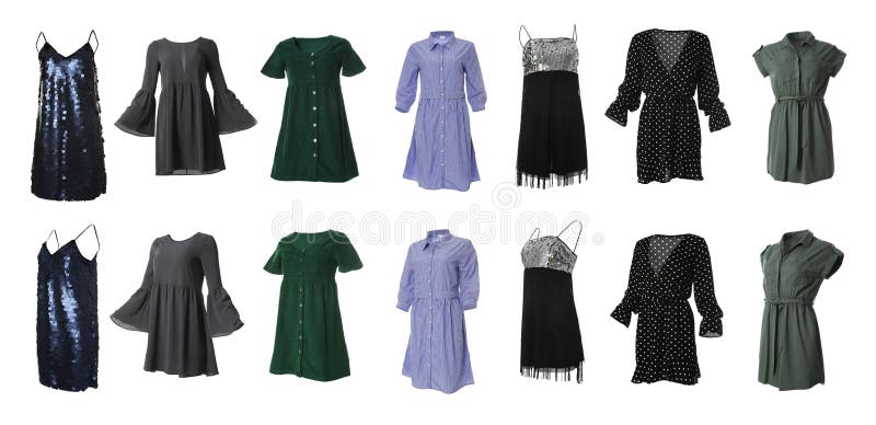 Set of Different Stylish Dresses on Background. Banner Design Stock ...