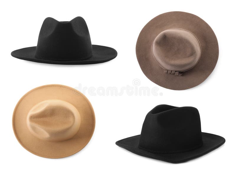 Set with Different Stylish Hats on White Background Stock Image - Image ...
