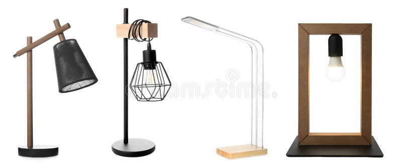 Set with Different Stylish Table Lamps on White Background. Banner ...