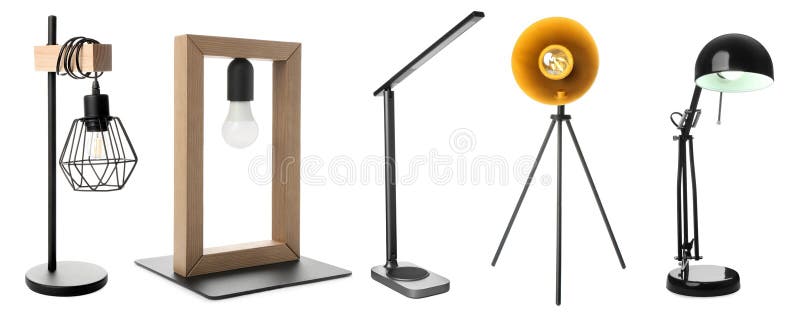 Set with Different Stylish Table Lamps on White Background. Banner ...