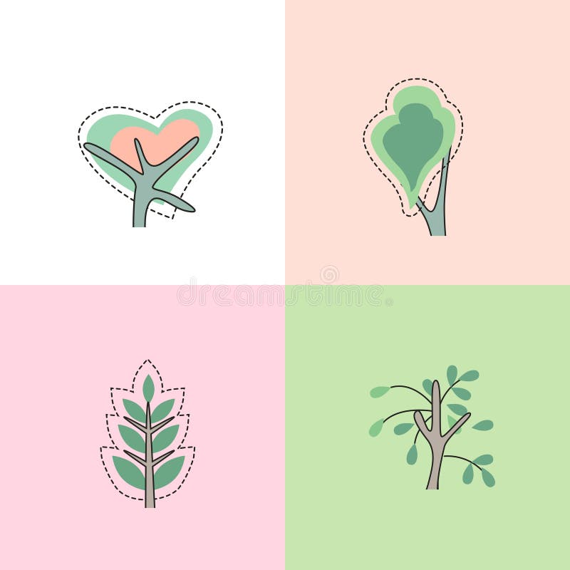 Set with Different Stylized Trees. Green and Pink Color Stock Vector ...
