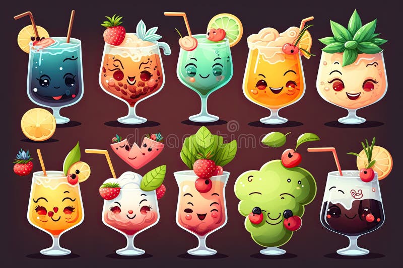 A Set of Different Summer Cocktails with Funny Faces. Generative Ai ...