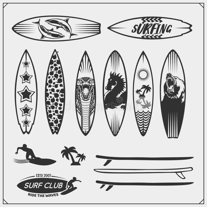 Set of Different Surfboards. Vector Illustration. Surfing Emblems ...