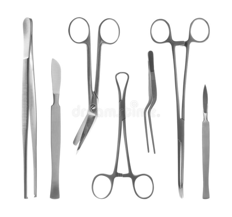 Set with Different Surgical Instruments on White Background. Banner ...