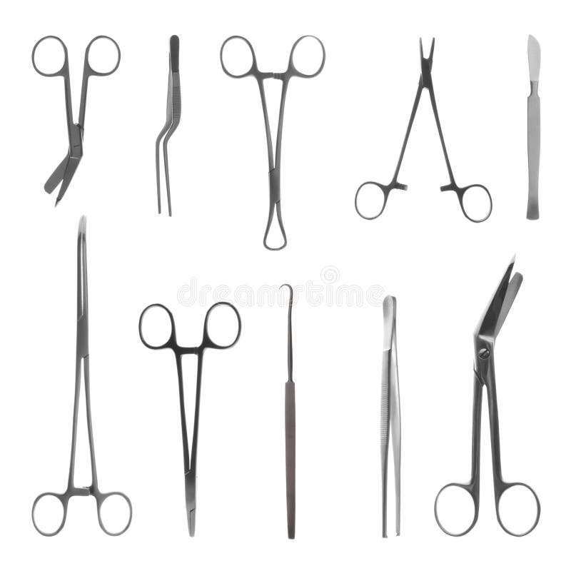 Set with Different Surgical Instruments on White Background Stock Photo ...