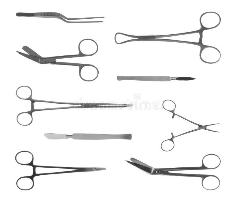 Set with Different Surgical Instruments on White Background Stock Photo ...