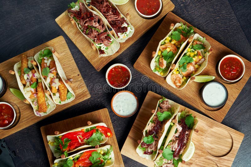 Set of Different Tacos with Different Fillings - with Chicken, Tomatoes ...