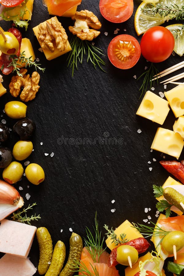 Set Different Tasty Appetizers Snacks Ingredients Black Background ...