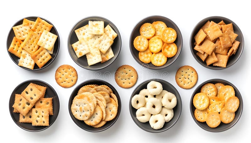 Set of Different Tasty Crackers in Bowls on White Background, Top View ...
