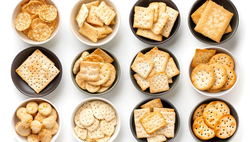 Set of Different Tasty Crackers in Bowls on White Background, Top View ...