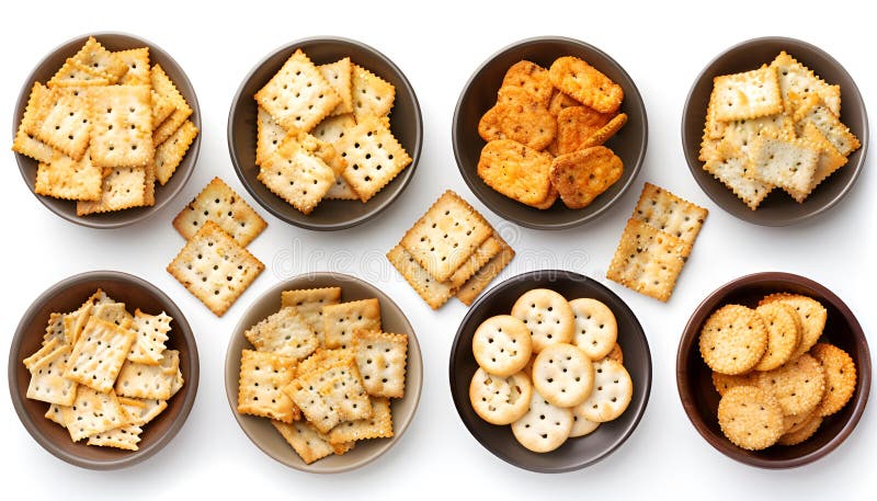 Set of Different Tasty Crackers in Bowls on White Background, Top View ...