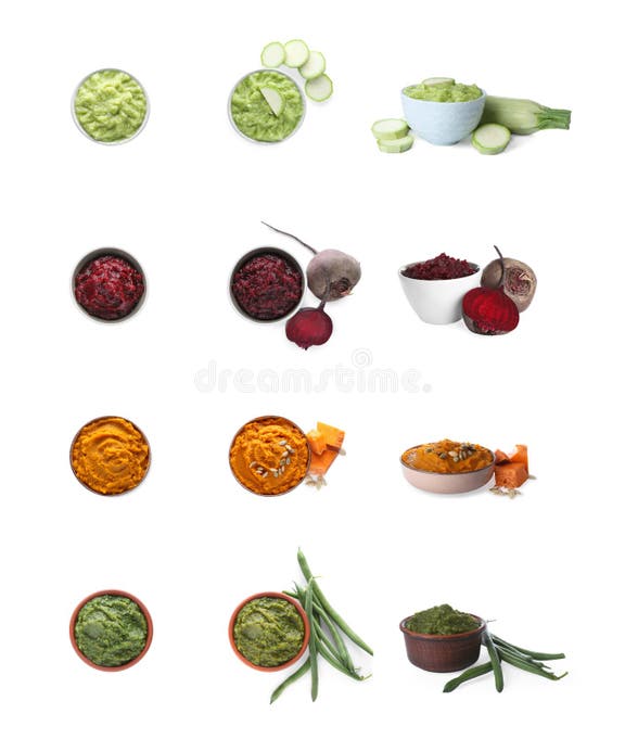 Set with Different Tasty Vegetable Puree on White Background Stock ...