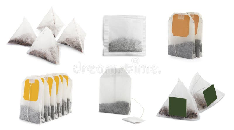 Set with Different Tea Bags on White Background Stock Photo - Image of ...